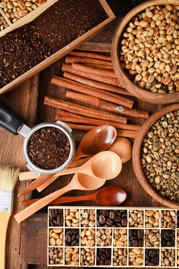 Freshly Ground Coffee Beans in a Metal Filter and Different Coffee ...