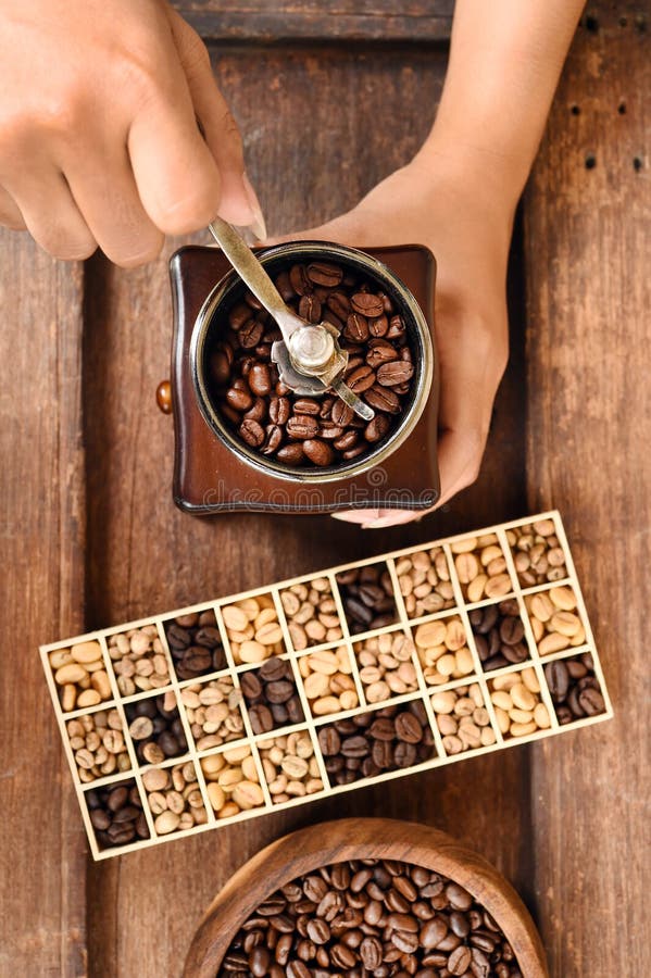 Freshly Ground Coffee Beans in a Metal Filter and Different Coffee ...