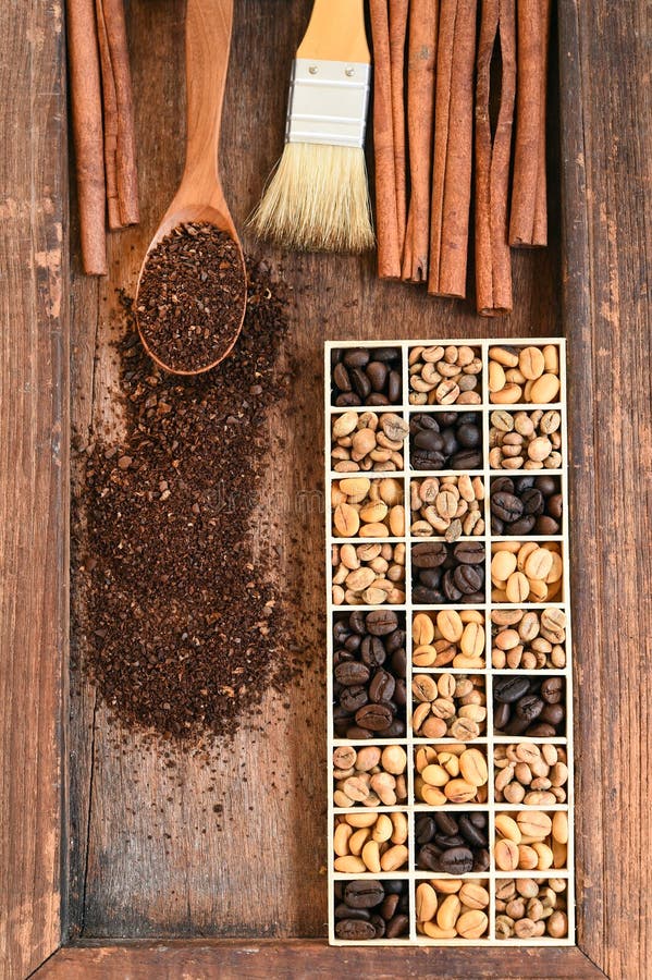 Freshly Ground Coffee Beans in a Metal Filter and Different Coffee ...