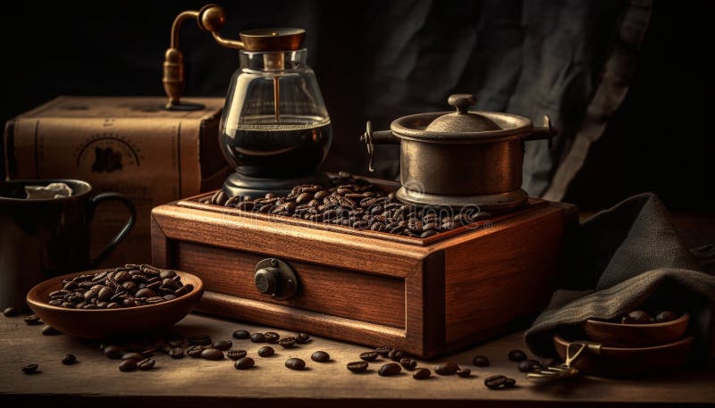 Freshly Ground Coffee in an Old Fashioned Grinder on Rustic Table ...