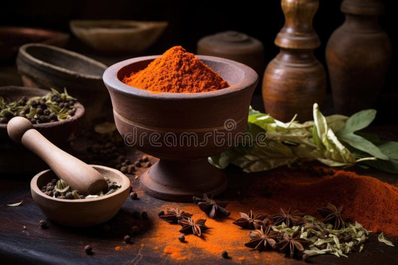Freshly Ground Spices in Mortar and Pestle Stock Illustration ...