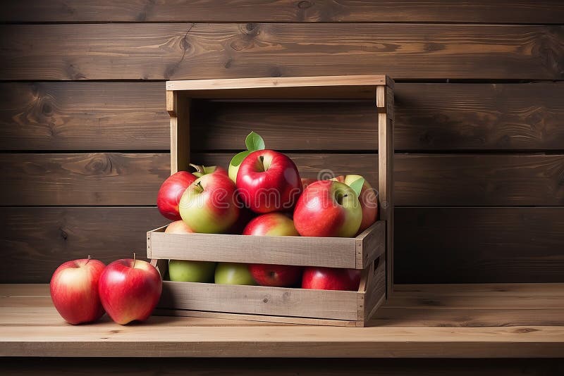 Apples in a Box on a Wooden Shelf. a Framework on a Wooden Background ...