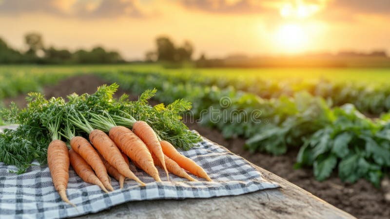 Freshly Harvested Carrots on a Table in a Lush Green Field at Sunset ...