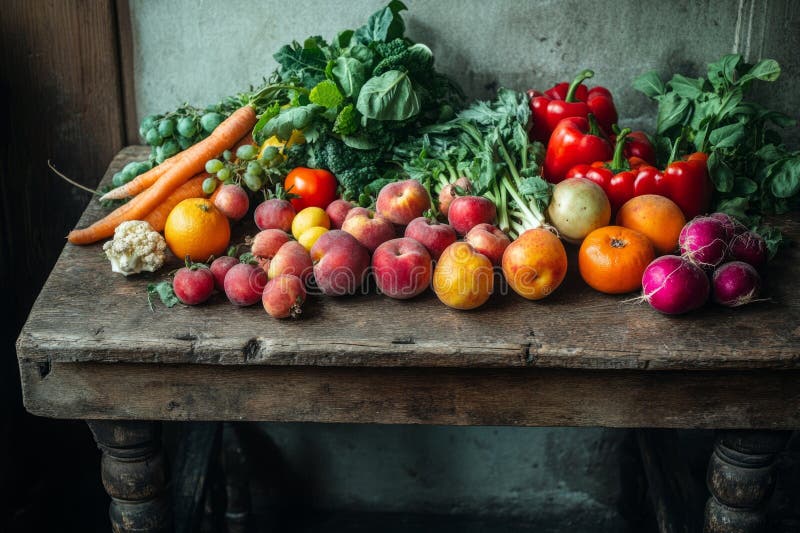 Freshly Harvested Fruits and Vegetables Laying on Rustic Table Stock ...