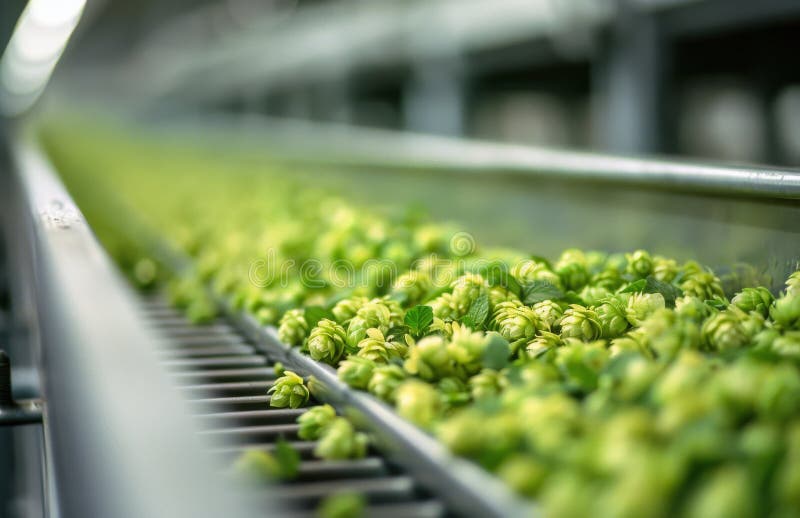 Freshly Harvested Hops Rolling Down a Conveyor Belt in a Brewery ...