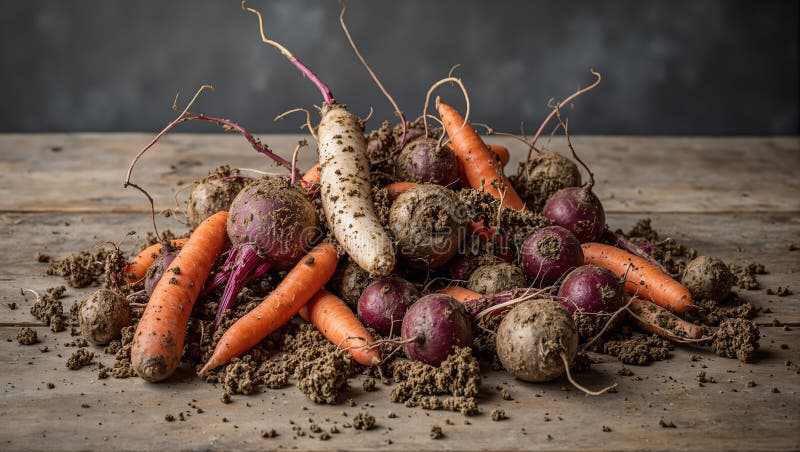 Freshly Harvested Root Vegetables on Rustic Farm Table Stock ...