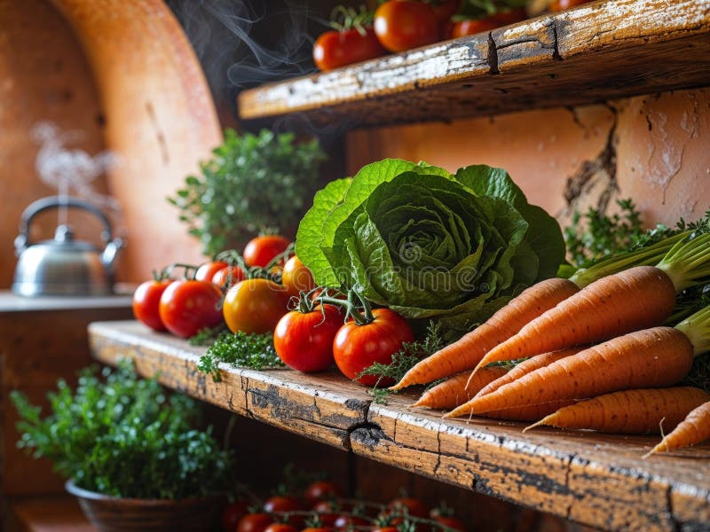 Freshly Harvested Vegetables Arranged on Rustic Wooden Shelves in a ...
