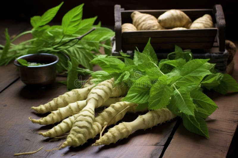 Freshly Harvested Wasabi Roots with Leaves on a Rustic Table Stock ...