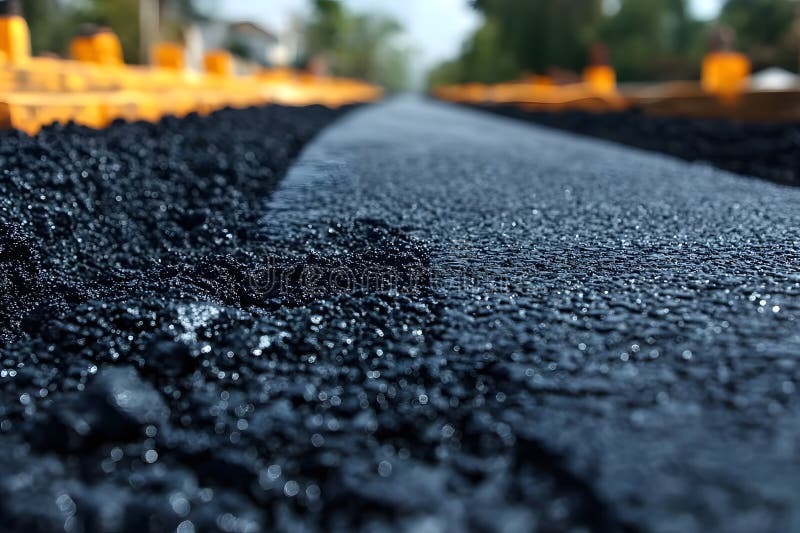 Freshly Laid Asphalt Road Surface with Blurred Construction Background ...