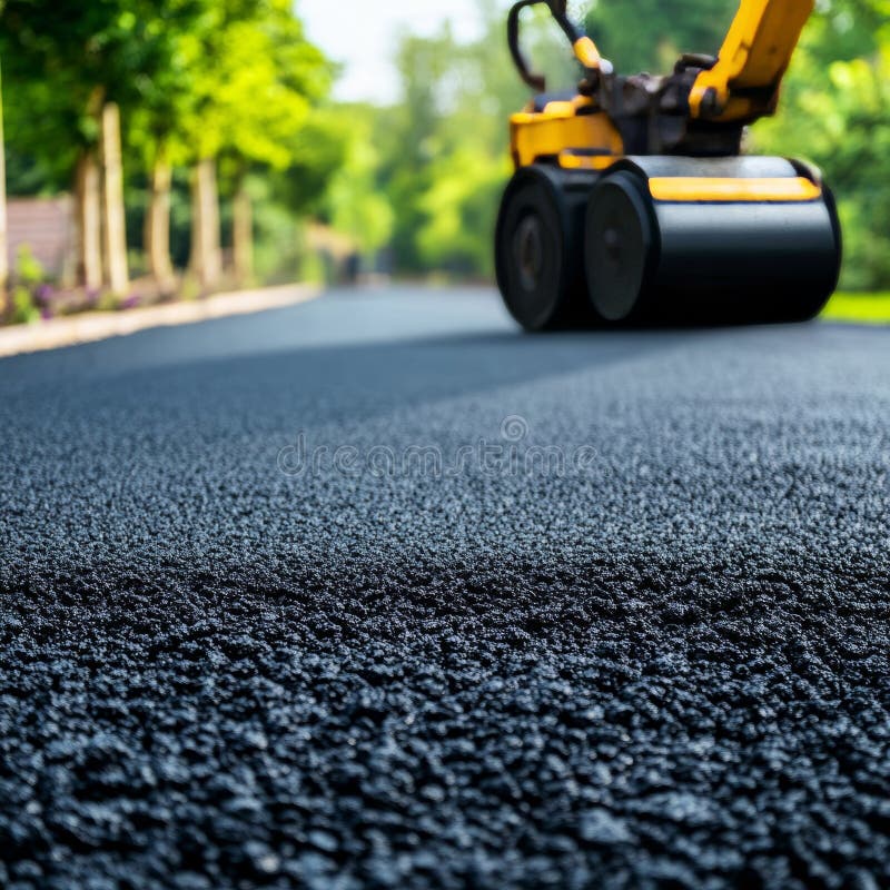 Freshly Laid Asphalt Road Surface, Construction Roller in the ...