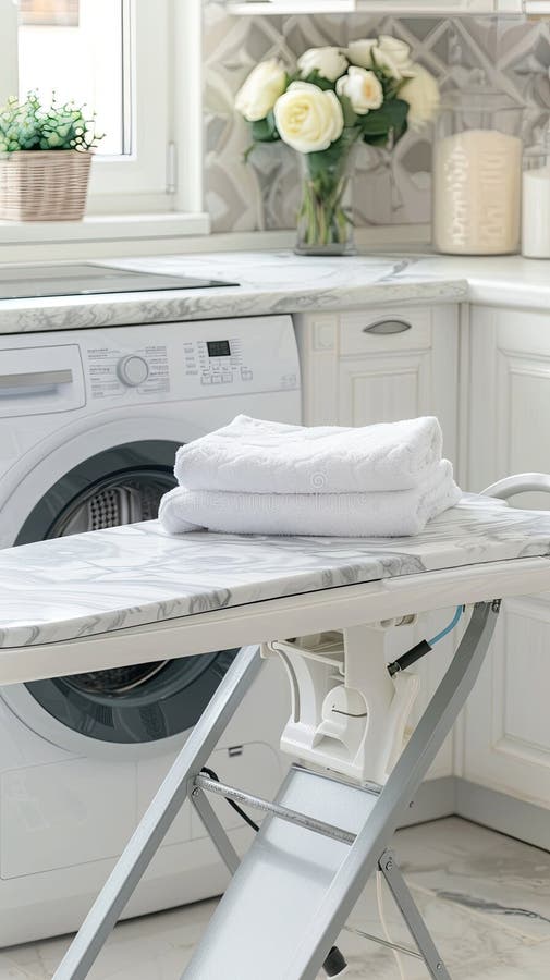 Freshly Laundered Towels are Stacked on a Table while a Washing Machine ...