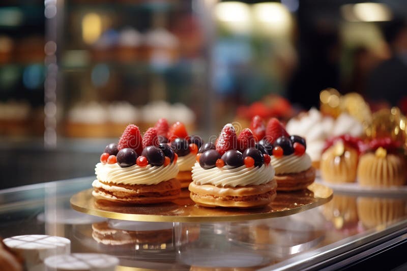 Freshly Made Berry Topped Cakes on Display in Bakery Showcase Stock ...