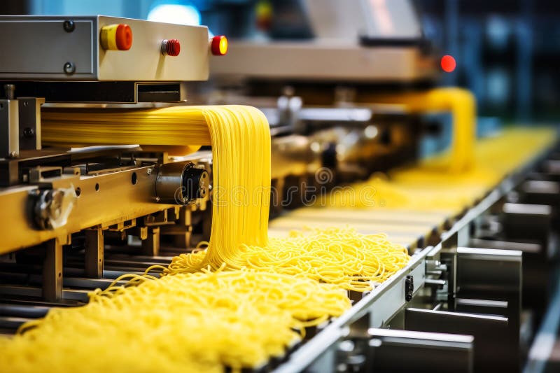 Freshly Made Pasta Moving Along a Conveyor Belt in a Bustling Factory ...