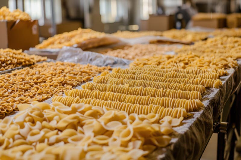 Freshly Made Pasta Shapes Drying in Factory, Showcasing Various Types ...