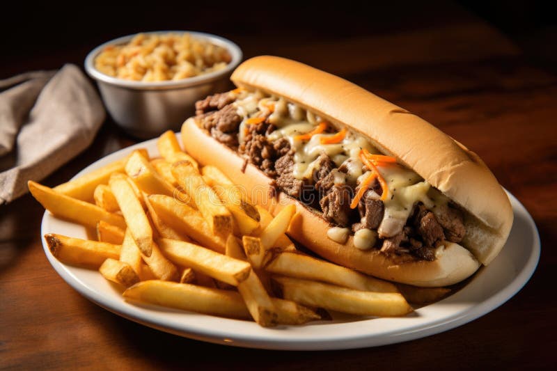 Freshly Made Philly Cheesesteak on a Plate with a Side of Fries Stock ...