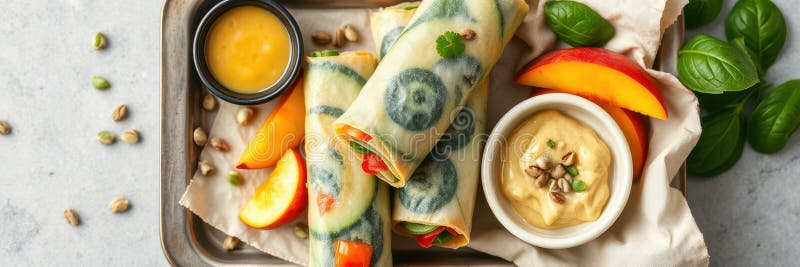 Freshly Made Spring Rolls with a Side of Mango and Two Dipping Sauces ...