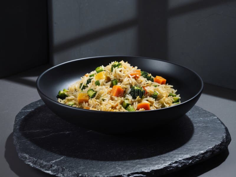 Freshly Made Vegetable Rice Served in a Black Bowl on a Dark Textured ...