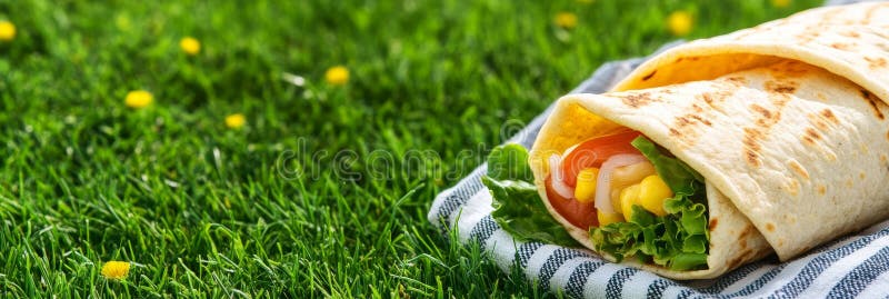 Freshly Made Wrap with Vegetables, Ham, and Corn on a Blue and White ...