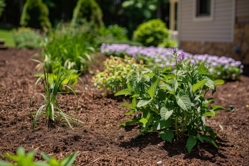 Freshly Mulched Flower Bed with Perennial Plants Stock Image - Image of ...