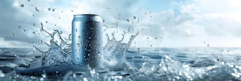 Freshly Opened Silver Can of Soda or Beer with Water Splash on Blue ...