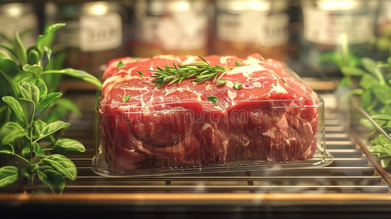 Freshly Packaged Raw Beef Steak in a Plastic Container, Garnished with ...
