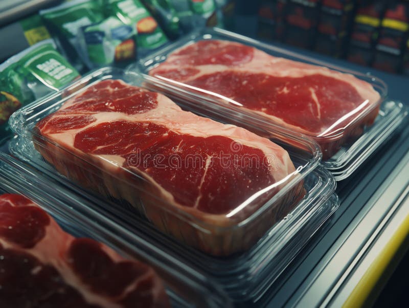 Freshly Packed Beef Steaks in Supermarket Refrigerated Display Stock ...