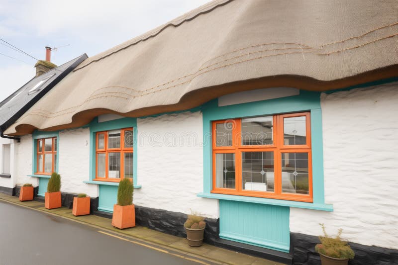 Freshly Painted Window Frames on Stone Thatched Cottage Stock ...