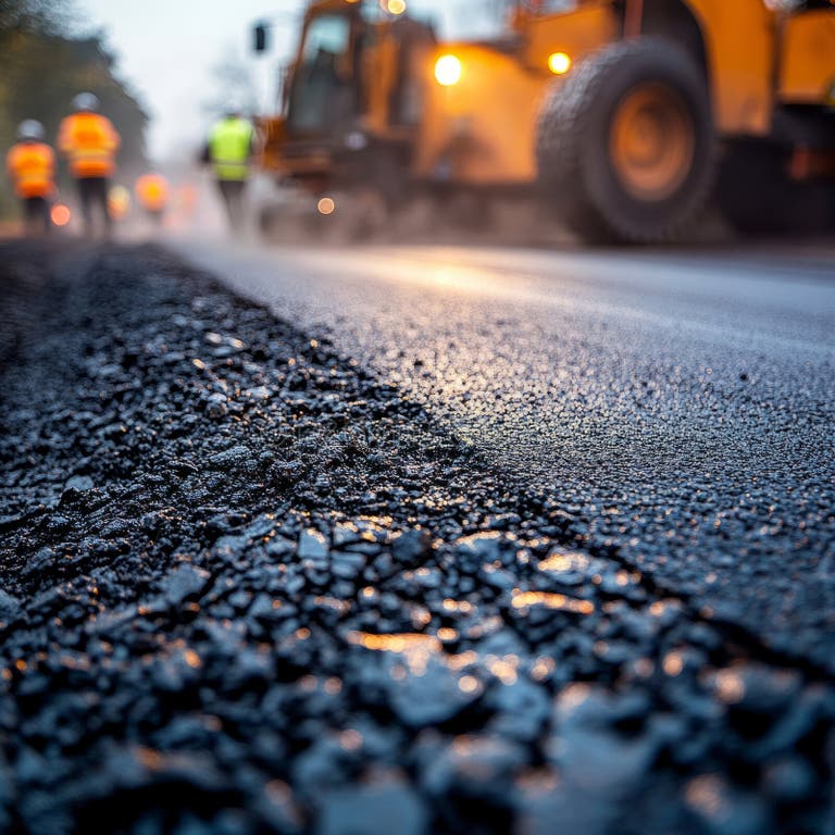 Freshly Paved Road with Construction Workers and Machinery. Stock Image ...