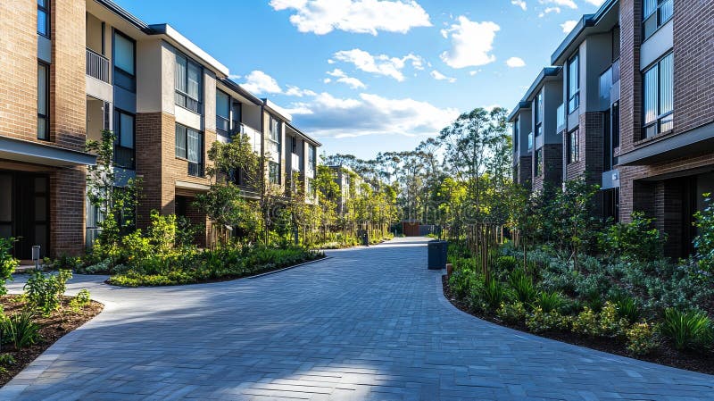 Freshly Paved Street Front Newly Built Housing Complex Stock Photos ...