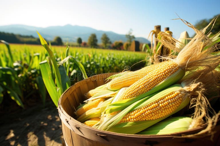Freshly Picked Bushel of Corn on the Field Under a Sunny Day Stock ...