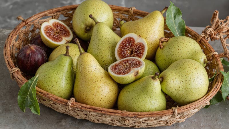 Freshly Picked Pears and Figs in a Rustic Basket on a Stone Counter ...