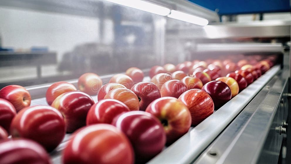 Freshly Picked Red Apples are Transported on a Conveyor Belt Inside a ...