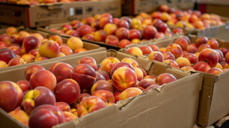 Freshly Picked Ripe Peaches Overflowing from Cardboard Boxes Stock ...