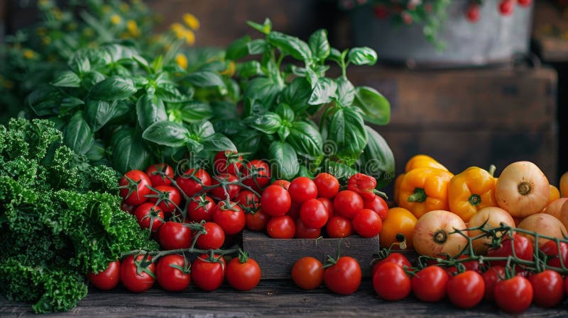 Freshly Picked Vegetables on Wooden Tabletop in Garden Stock Image ...