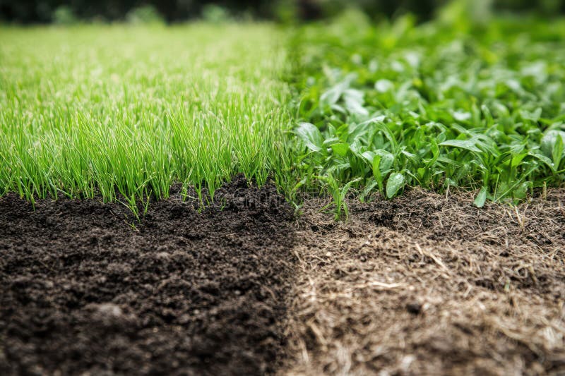 Freshly Planted and Fully Grown Grass Side-by-side Comparison Stock ...