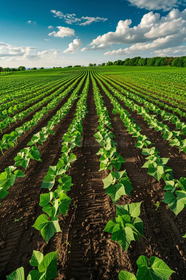 Freshly Planted Soy Plants in Organized Rows on Farm Field Stock ...
