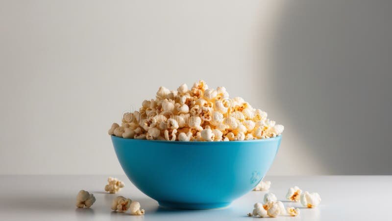 Freshly Popped Popcorn in a Blue Bowl on a Light Background. Stock ...