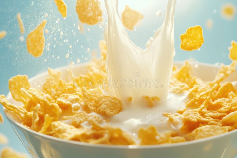 Freshly Poured Milk Splashing Over a Bowl of Cornflakes. Stock ...