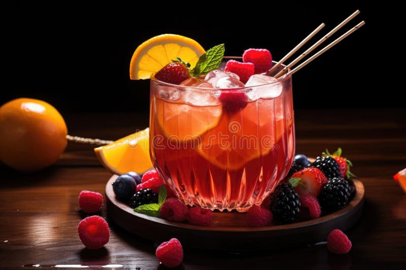 Freshly Poured Rum Punch with Fruit Skewer Garnish Stock Illustration ...