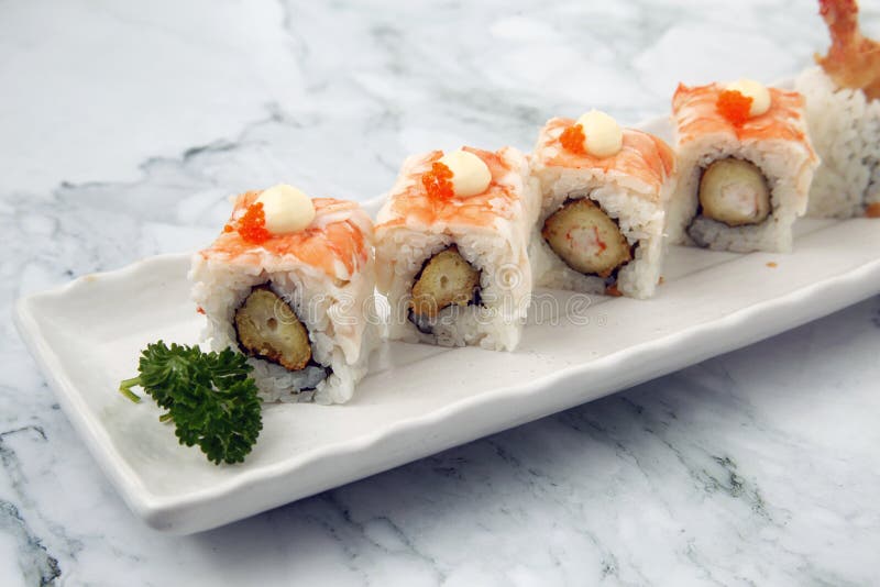 Freshly Prepared Japanese Sushi Rolls Stock Image - Image of dish, kani ...