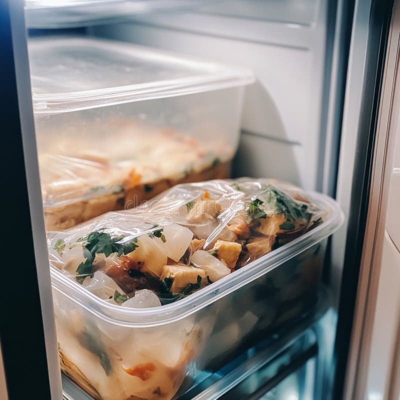 Freshly Prepared Meals in Plastic Containers Stored in a Refrigerator ...
