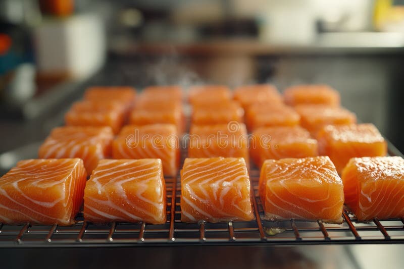 Freshly Prepared Salmon Fillets Lined on a Cooling Rack in a Modern ...