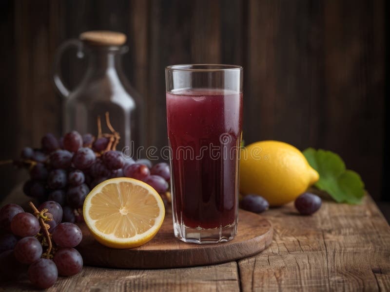 Freshly Pressed Grape Juice with Grapes and Lemon on a Rustic Wooden ...