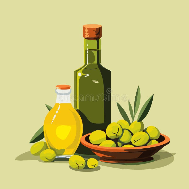 Freshly Pressed Olive Oil Bottle and Olives Vector Illustration. Olive ...