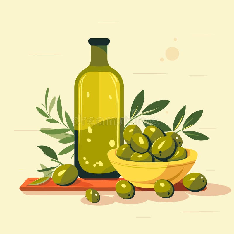 Freshly Pressed Olive Oil Bottle and Olives Vector Illustration. Olive ...