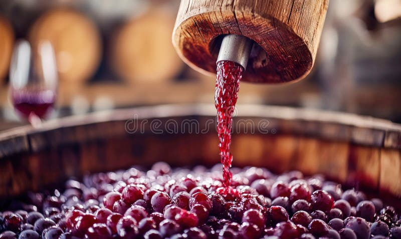 The Freshly Pressed Red Grape Juice Flows into a Rustic Wooden Barrel ...