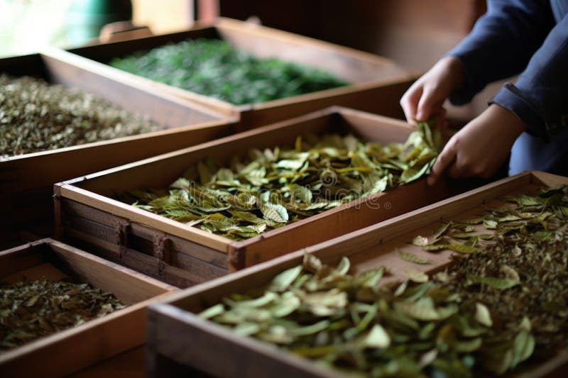 Freshly Processed Tea Leaves in Handcrafted Packaging Stock ...
