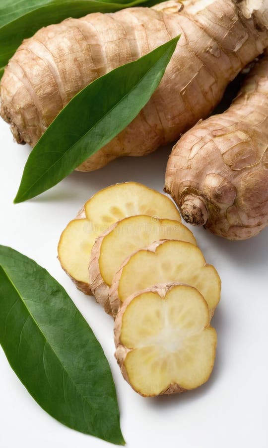 Freshly Sliced Ginger with Green Leaves on a White Surface, Perfect for ...