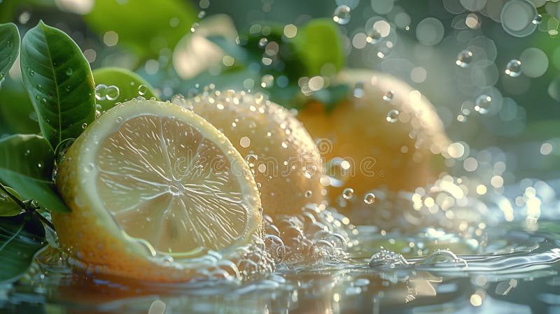 Freshly Sliced Lemon Falling into Water with Green Leaves and Sunlight ...