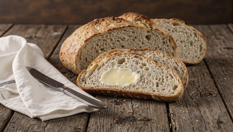 Freshly Sliced Sourdough Bread with Melting Butter on Rustic Wooden ...